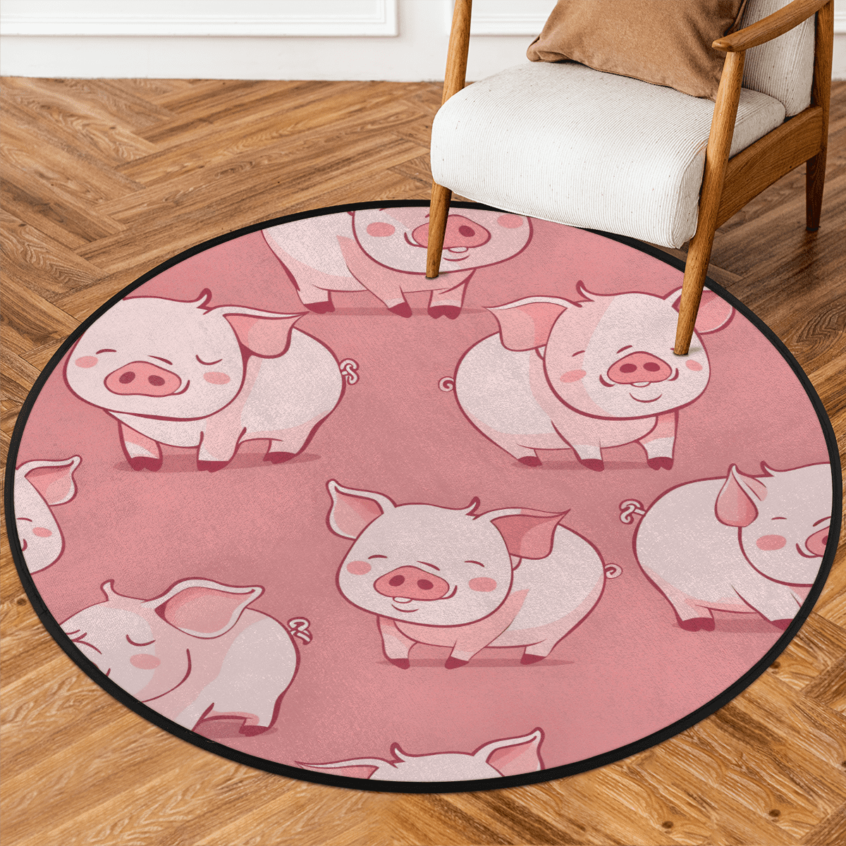CURLYOOT Pink Pig 5.2ft Round Rug for Living Room, Large Washable Area ...