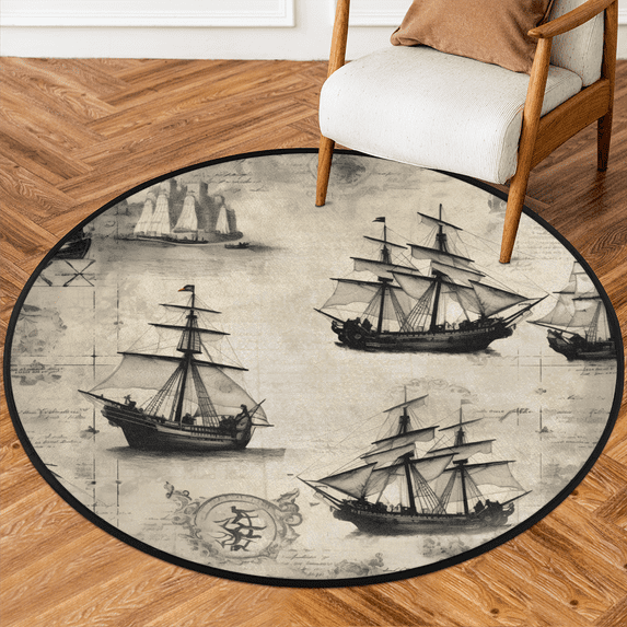 CURLYOOT Pirate Ship 5.2ft Round Rug for Living Room, Large Washable ...