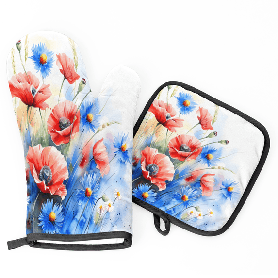 CURLYOOT Poppy Floral Oven Mitts and Pot Holders Sets of 2, Non-Slip ...
