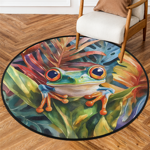 CURLYOOT Red Eyed Tree Frog with Leaves 5.2ft Round Rug for Living Room ...