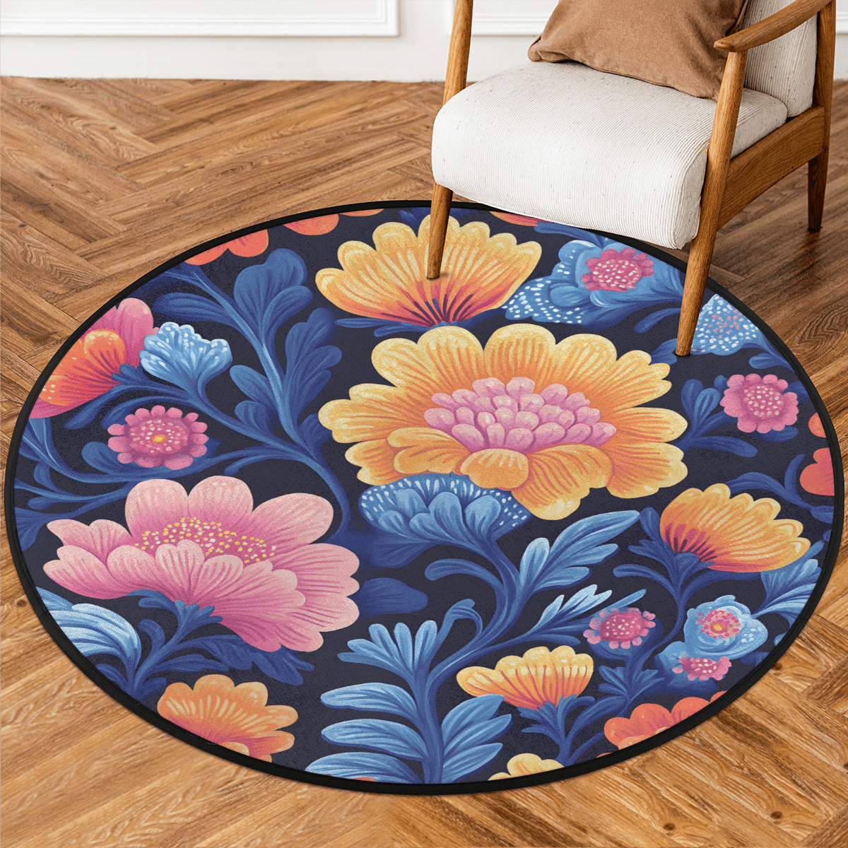 CURLYOOT Retro Flowers 5.2ft Round Rug for Living Room, Large Washable ...