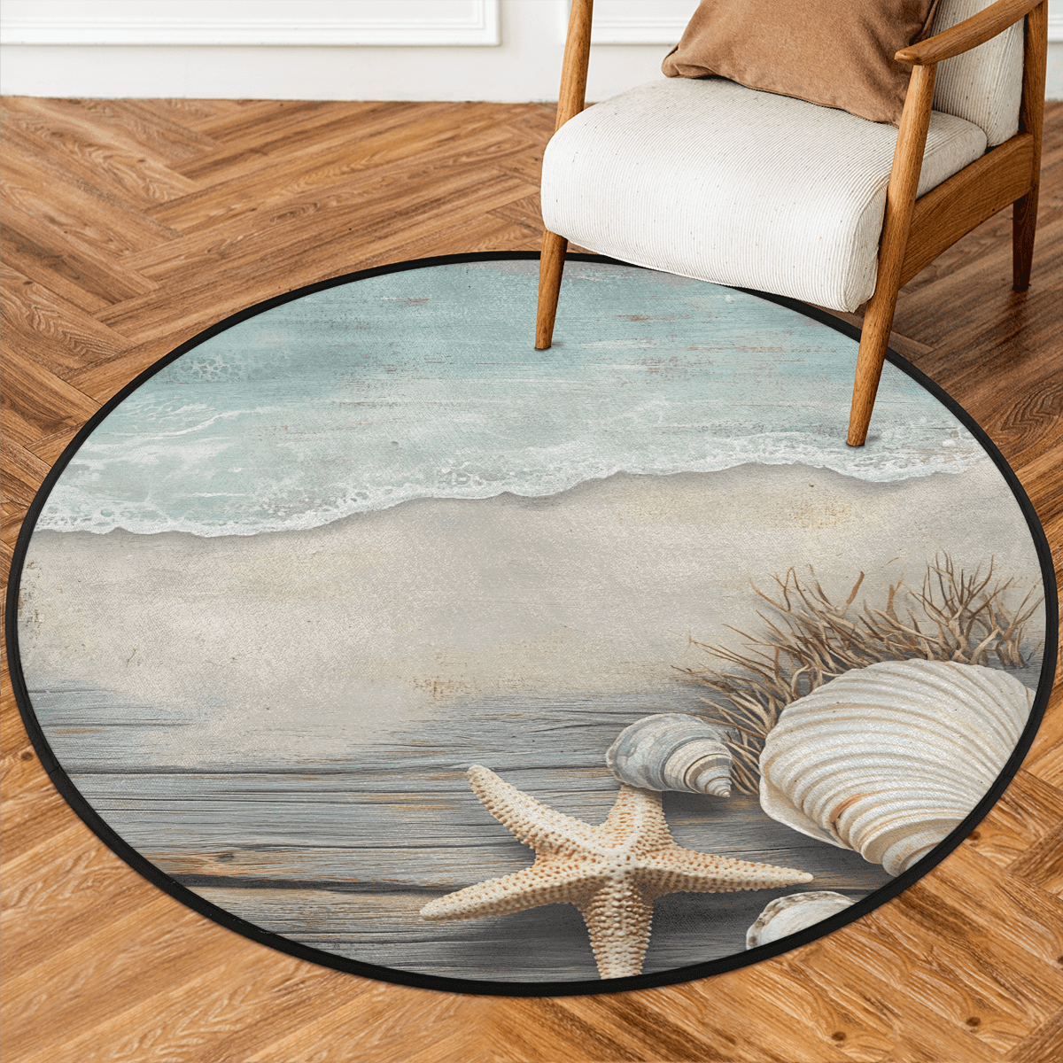 CURLYOOT Retro Wood Seashell Starfish Coral 5.2ft Round Rug for Living ...