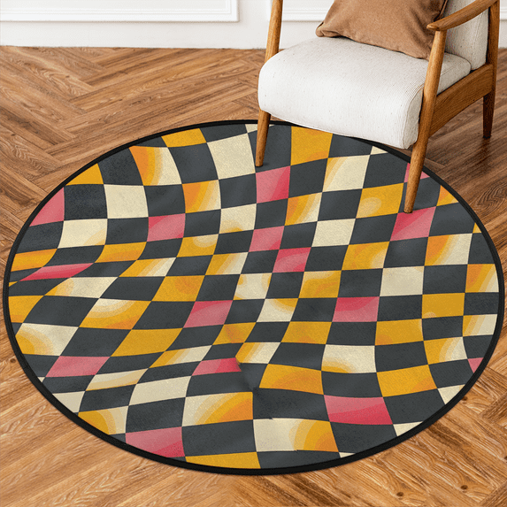 CURLYOOT Round Rug 3ft Abstract Checkerboard Area Rug, Washable Circle ...