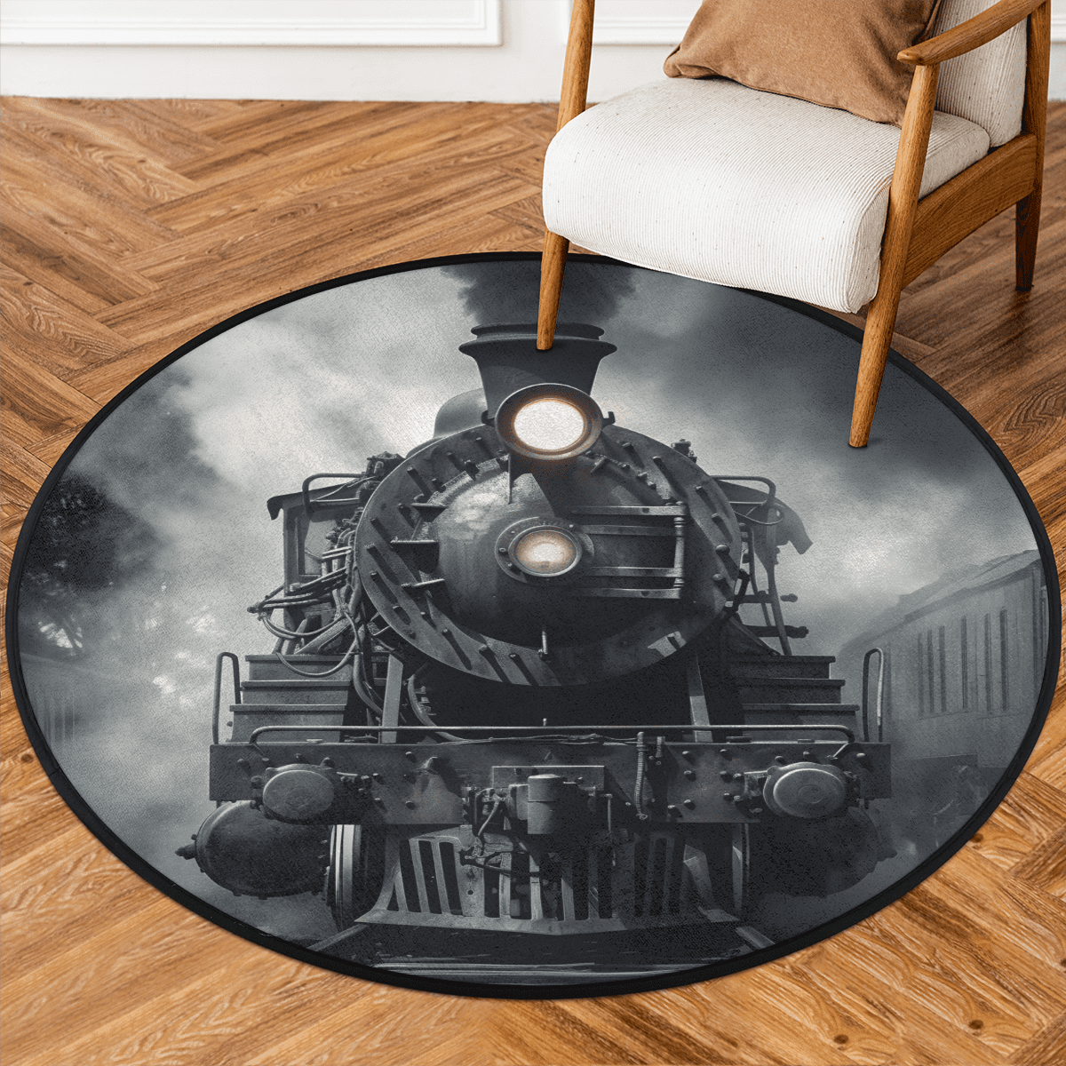 CURLYOOT Round Rug 3ft Black Steam Train Area Rug, Washable Circle Mat ...