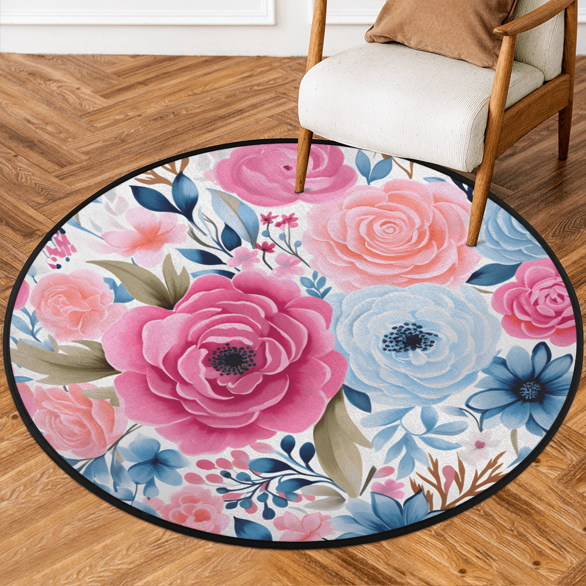 CURLYOOT Round Rug 3ft Blue Pinks Flower Area Rug, Washable Circle Mat ...