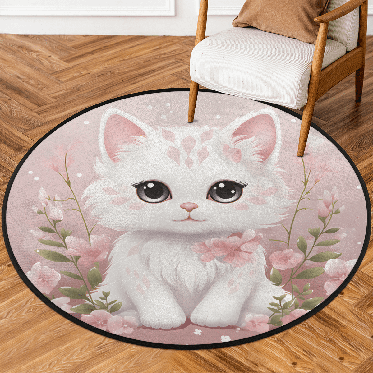 CURLYOOT Round Rug 3ft Cartoon Flower Cat Area Rug, Washable Circle Mat ...