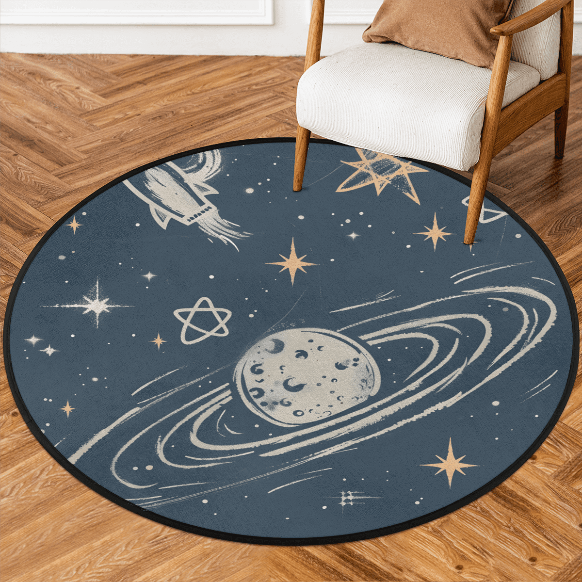 CURLYOOT Round Rug 3ft Cartoon Galactic Space Area Rug, Washable Circle Mat Non Slip Floor ...