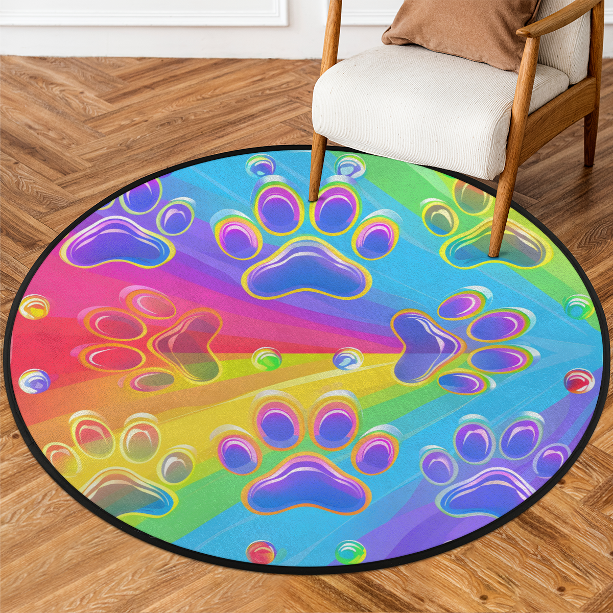 CURLYOOT Round Rug 3ft Colorful Cartoon Dog Cat Pawprints Area Rug ...