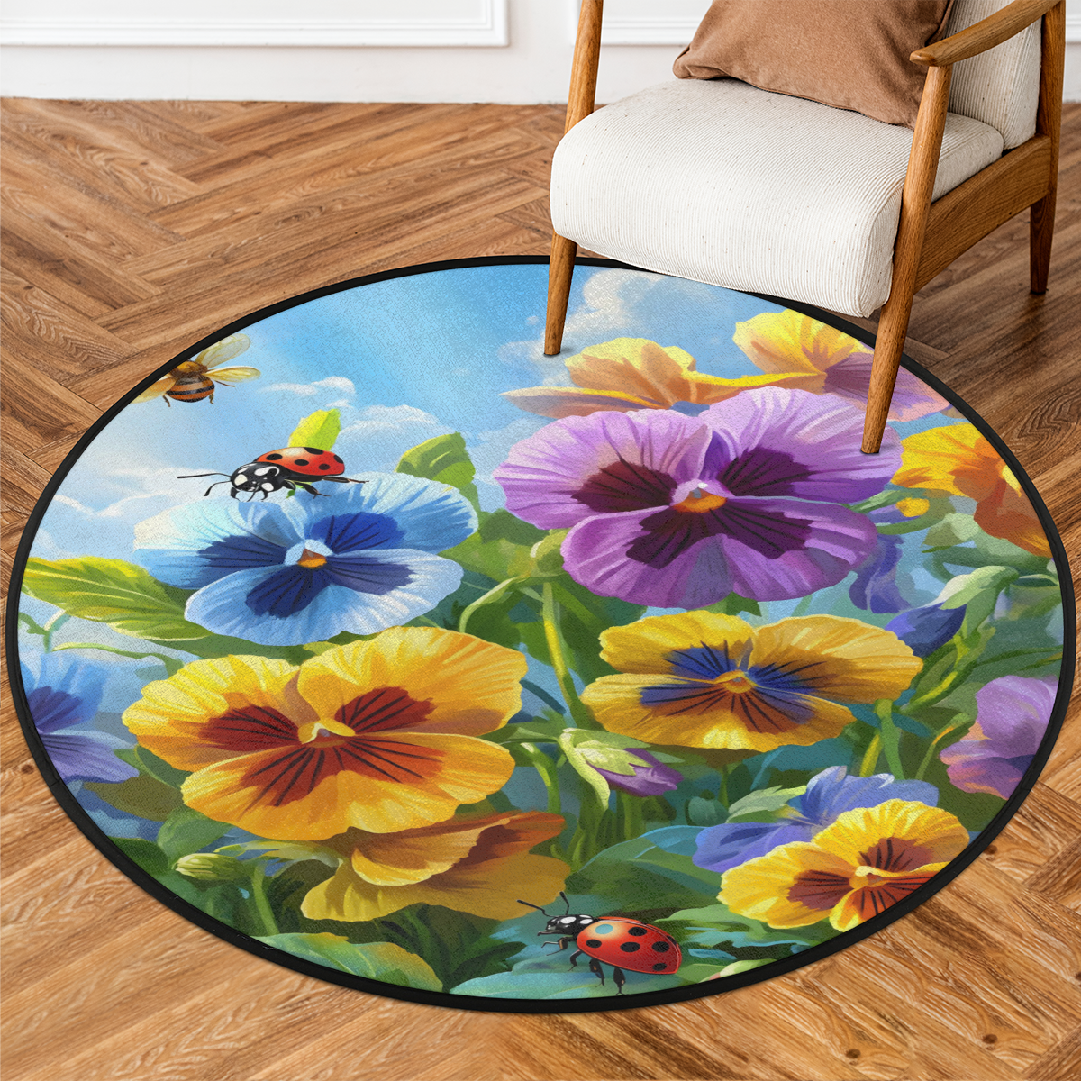 CURLYOOT Round Rug 3ft Colorful Flower Summer Floral Area Rug, Washable ...