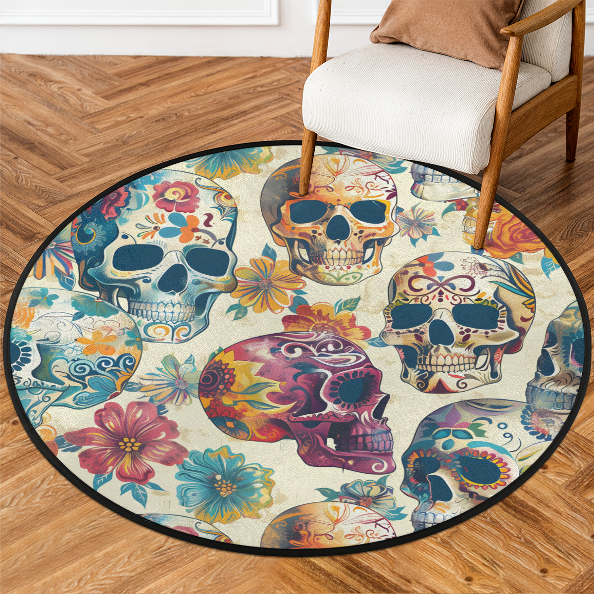 CURLYOOT Round Rug 3ft Colorful Skull Area Rug, Washable Circle Mat Non ...
