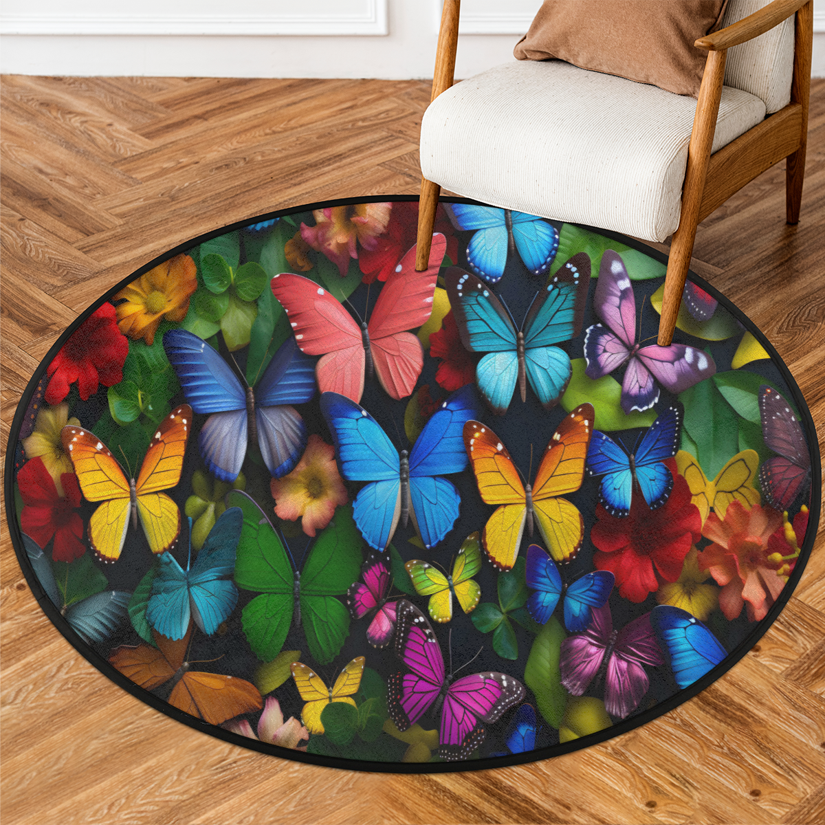 CURLYOOT Round Rug 3ft Colourful Butterfly Area Rug, Washable Circle ...