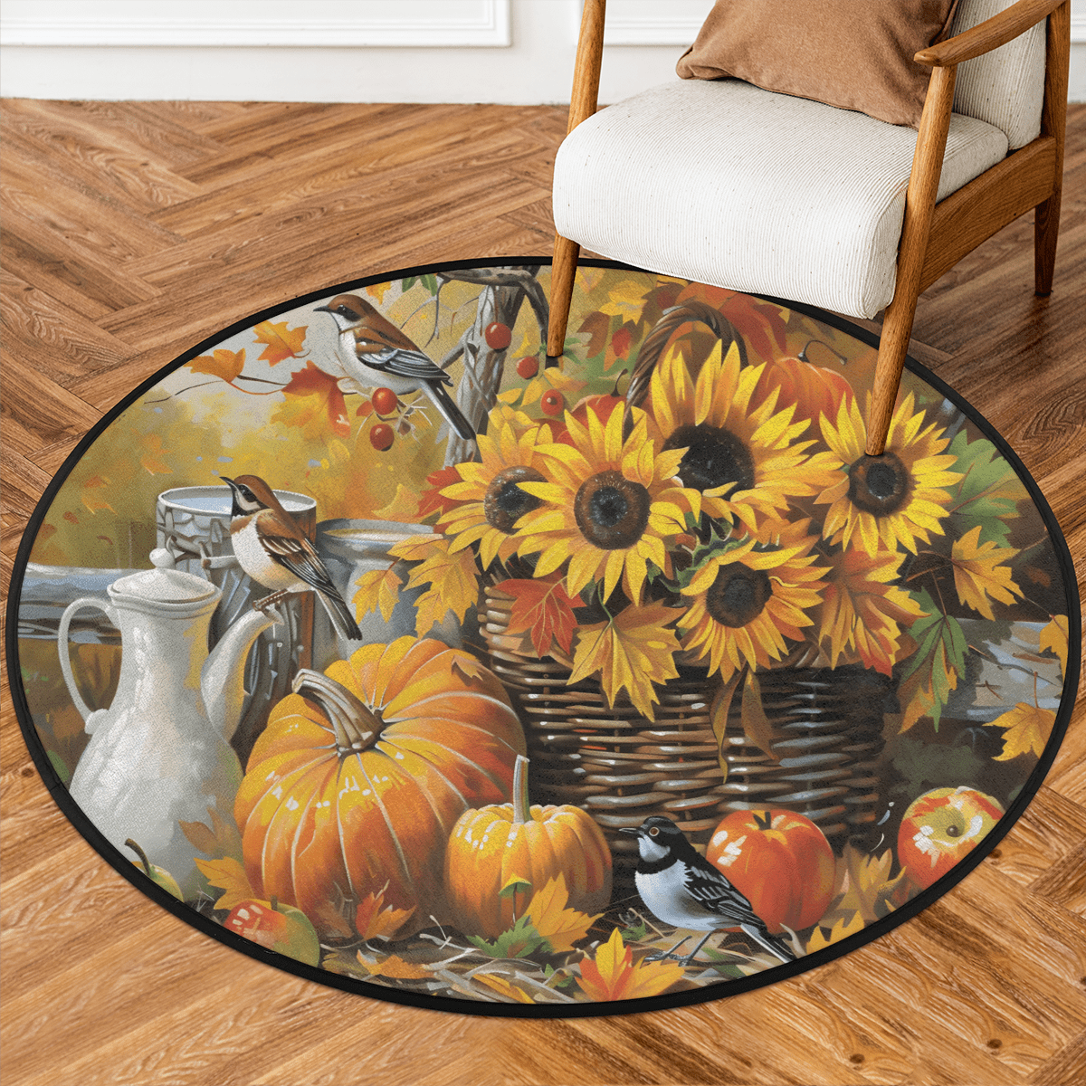 CURLYOOT Round Rug 3ft Fall Sunflower Watercolor Area Rug, Washable ...