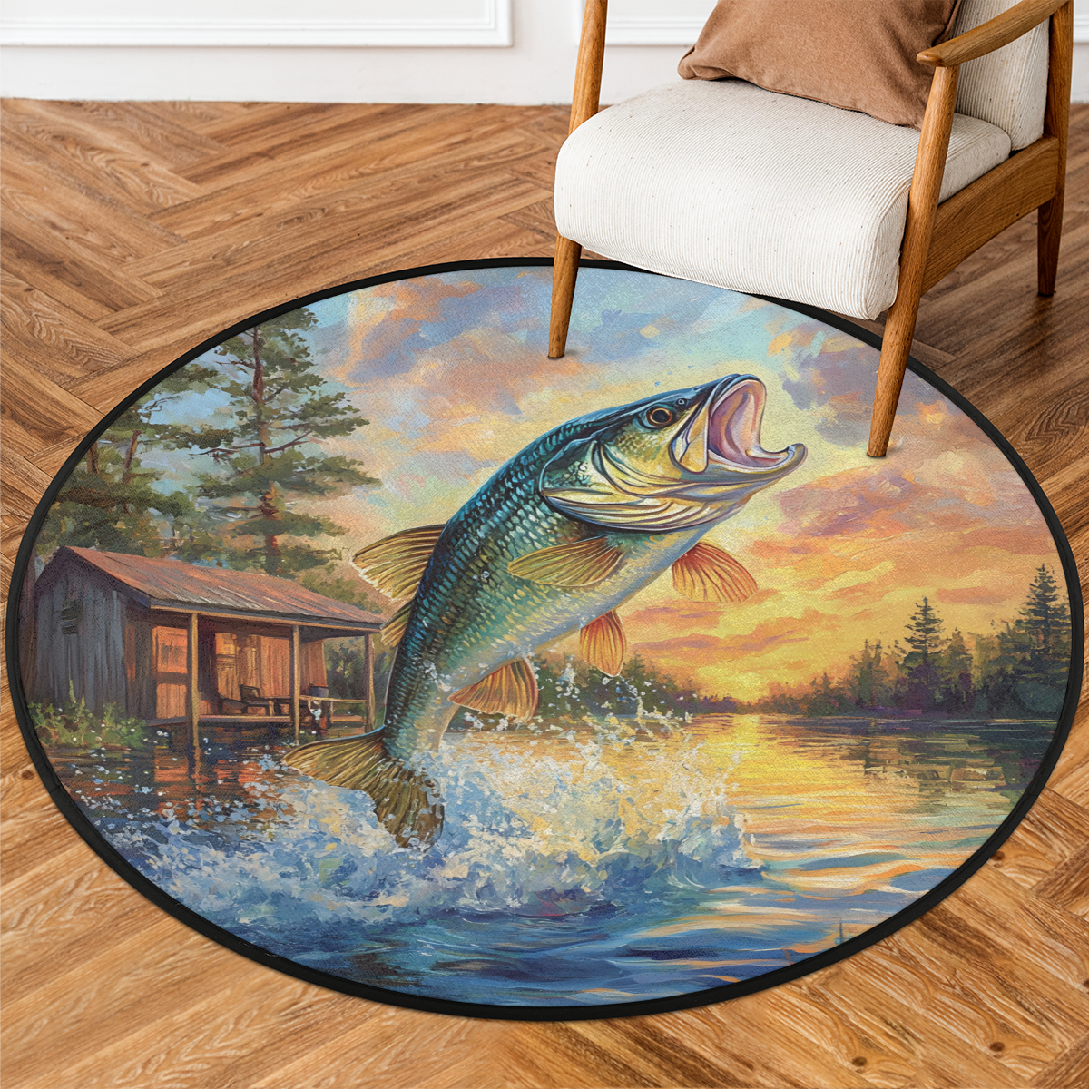 CURLYOOT Round Rug 3ft Fish Jumping out of Lake Area Rug, Washable ...