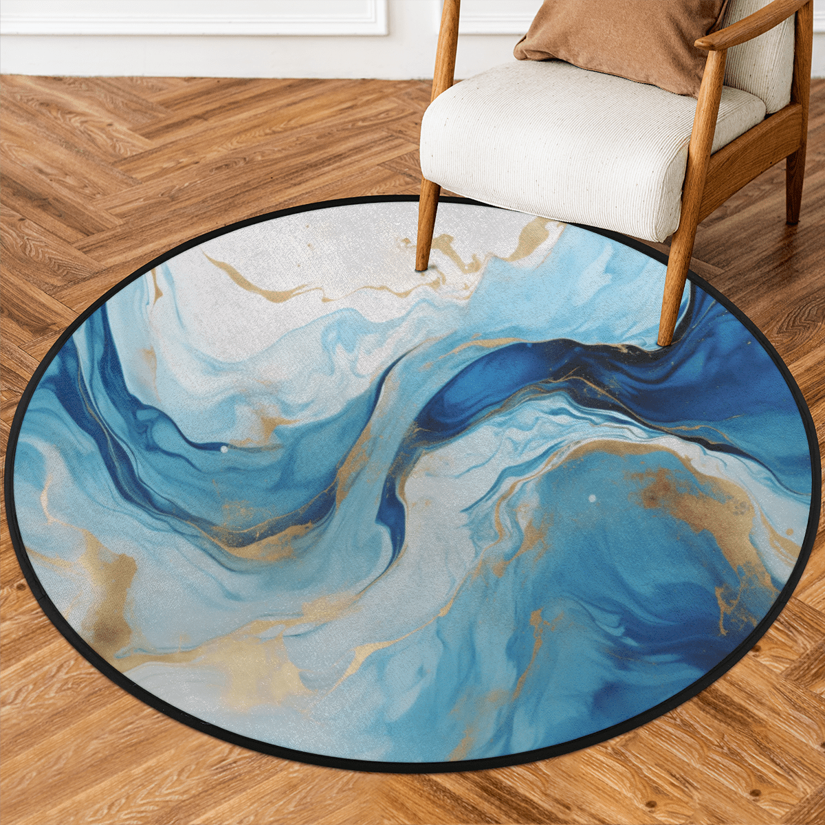 CURLYOOT Round Rug 3ft Gold Blue Marble Area Rug, Washable Circle Mat ...