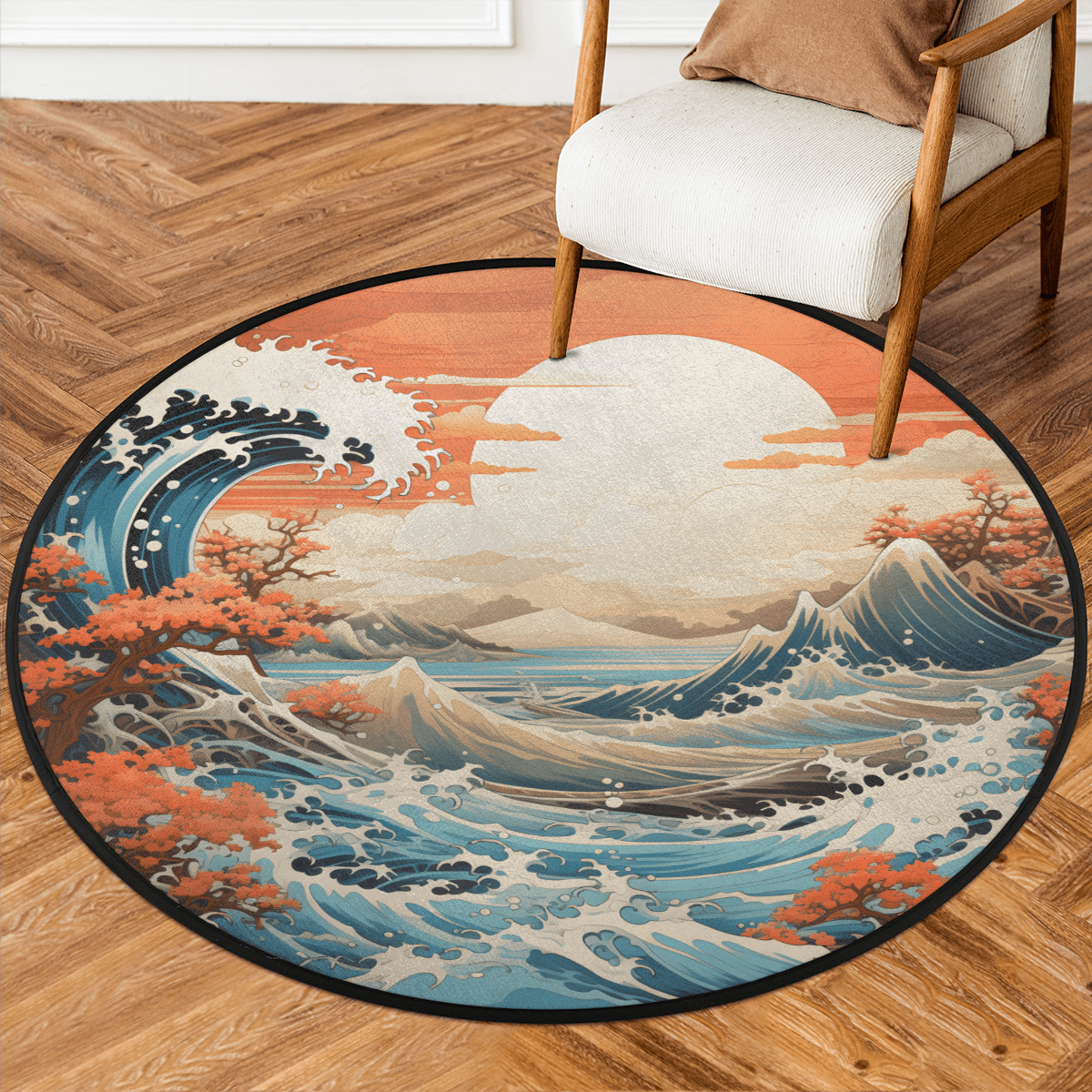 CURLYOOT Round Rug 3ft Japan Kanagawa Ocean Fuji Mountain Area Rug ...