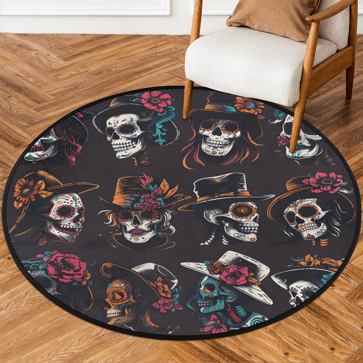 CURLYOOT Round Rug 3ft Mexican Day Of The Dead Area Rug, Washable ...