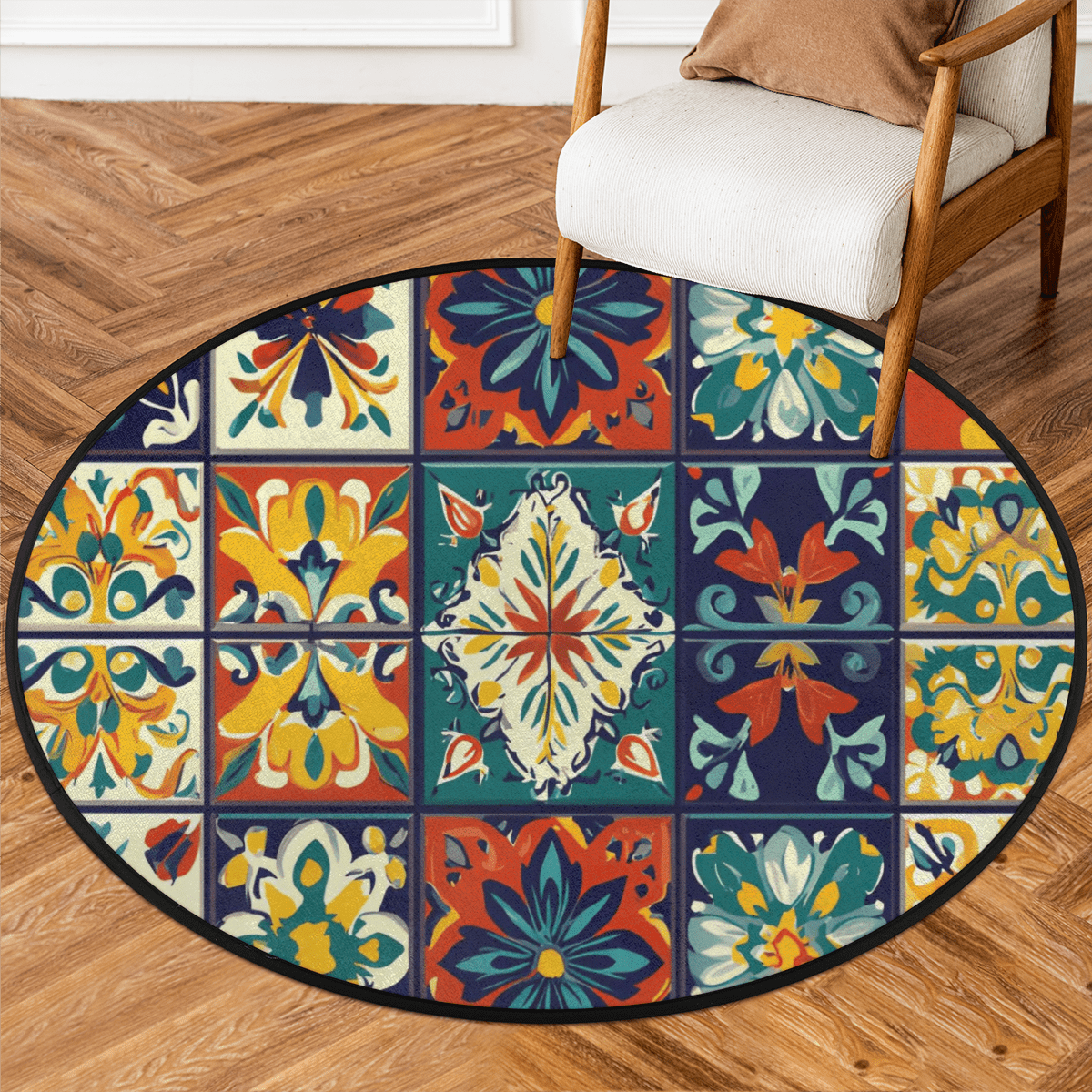 CURLYOOT Round Rug 3ft Mexican Talavera Area Rug, Washable Circle Mat ...