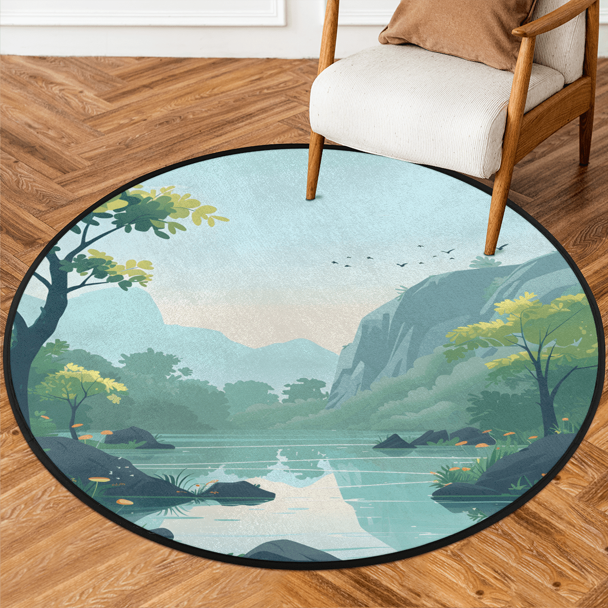 CURLYOOT Round Rug 3ft Mountain and Lake Area Rug, Washable Circle Mat ...