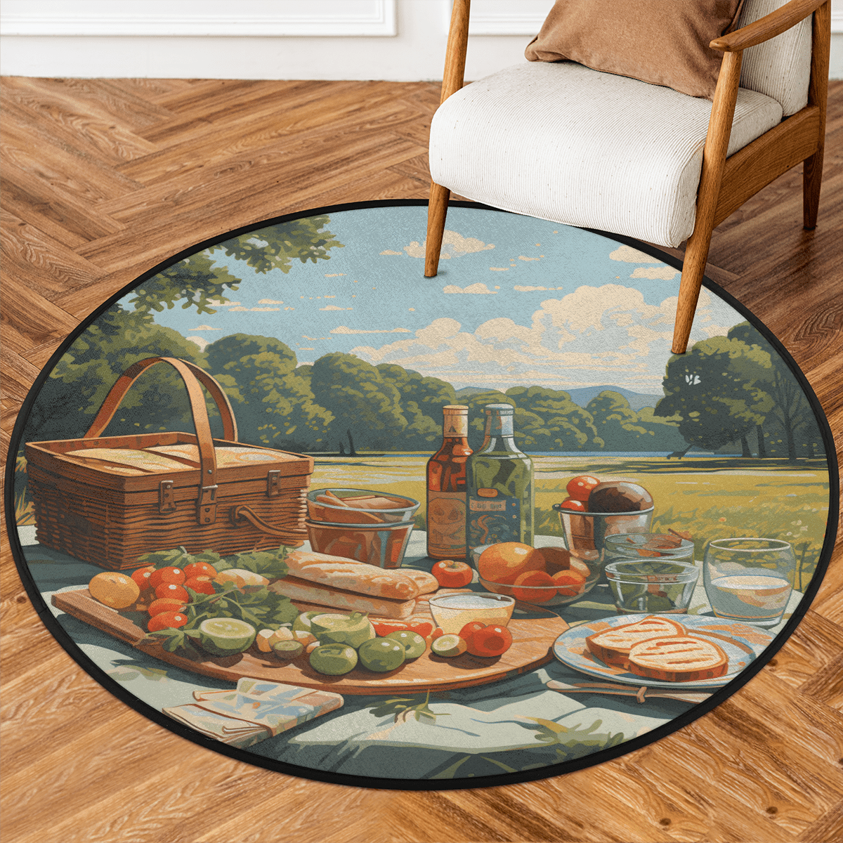 CURLYOOT Round Rug 3ft Outdoor Picnic Themed Area Rug, Washable Circle ...