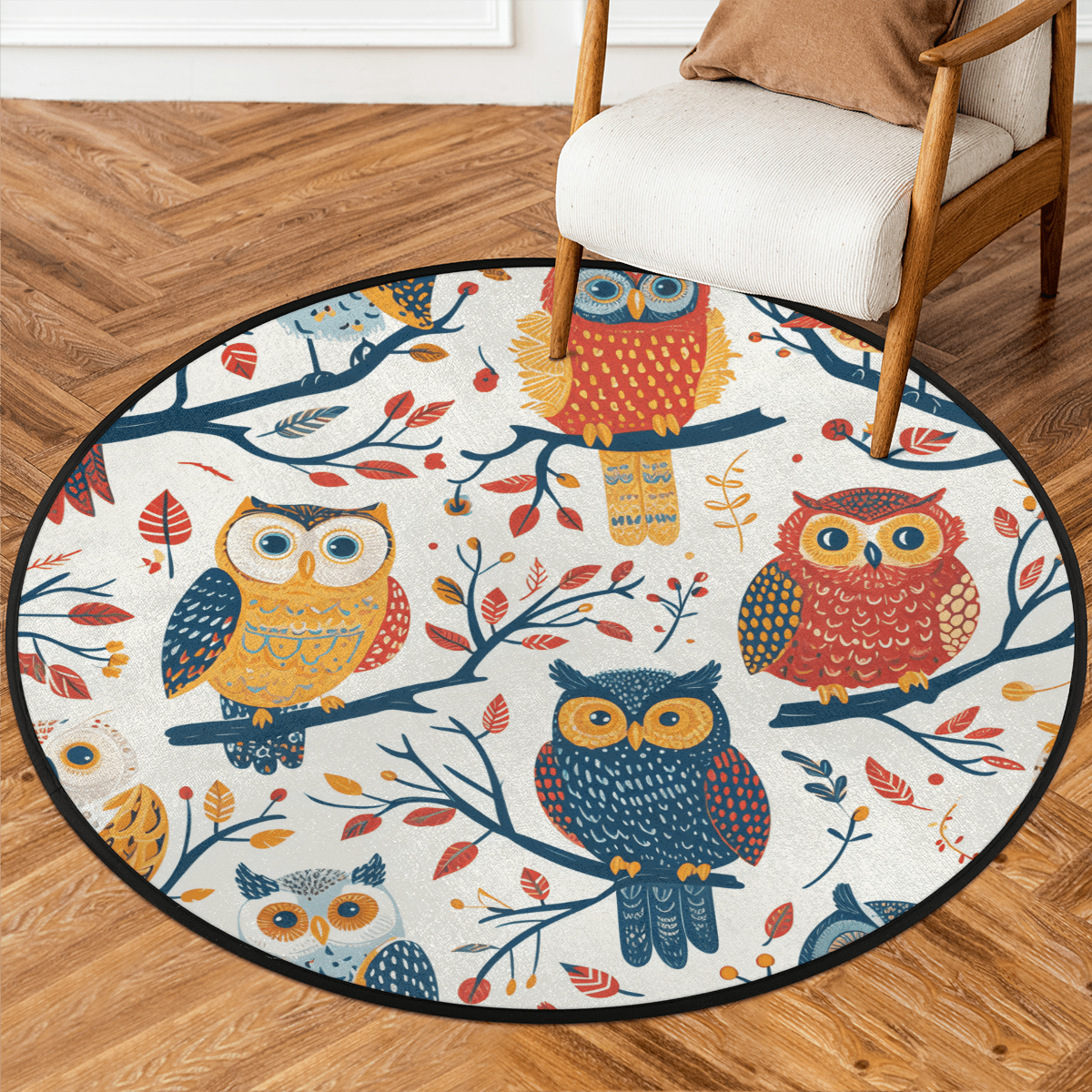 CURLYOOT Round Rug 3ft Owl Colorful Area Rug, Washable Circle Mat Non ...