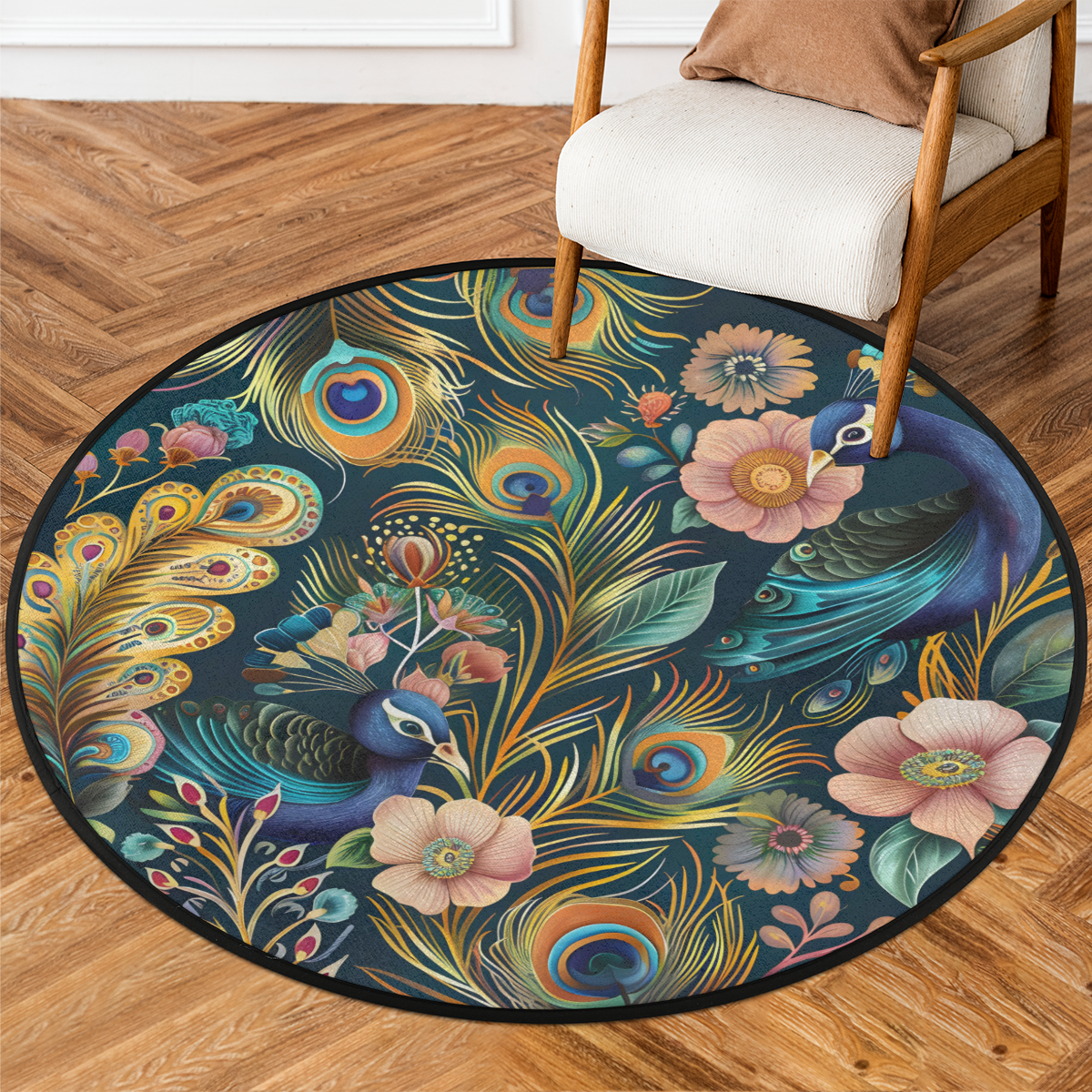 CURLYOOT Round Rug 3ft Peacock Animal Feather Area Rug, Washable Circle ...