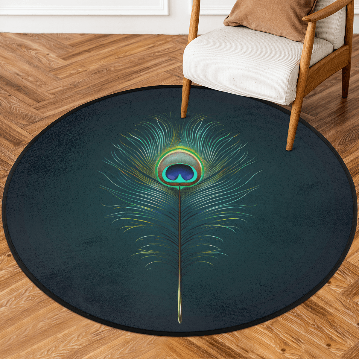 CURLYOOT Round Rug 3ft Peacock Feather Area Rug, Washable Circle Mat ...