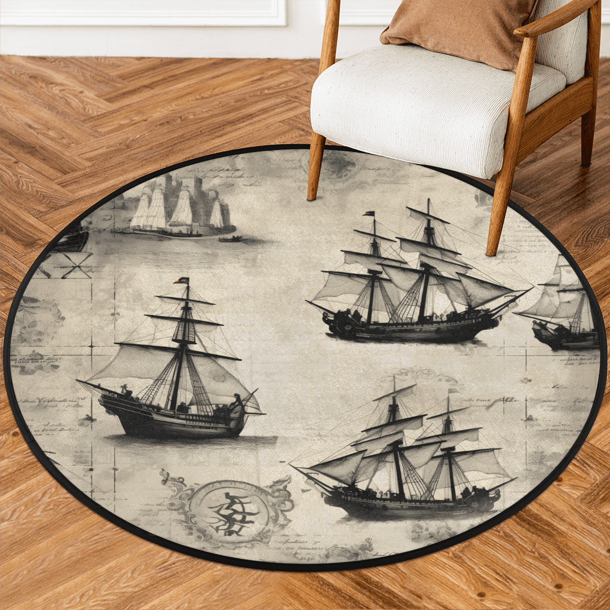 CURLYOOT Round Rug 3ft Pirate Ship Area Rug, Washable Circle Mat Non ...
