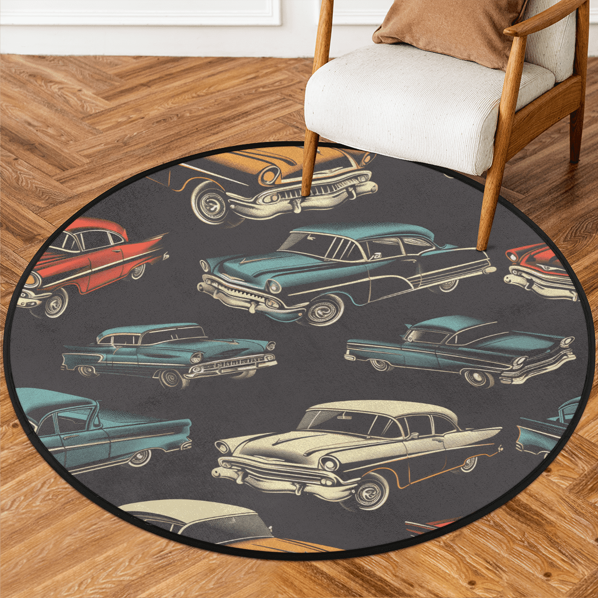 CURLYOOT Round Rug 3ft Racing Car Vintage Area Rug, Washable Circle Mat ...