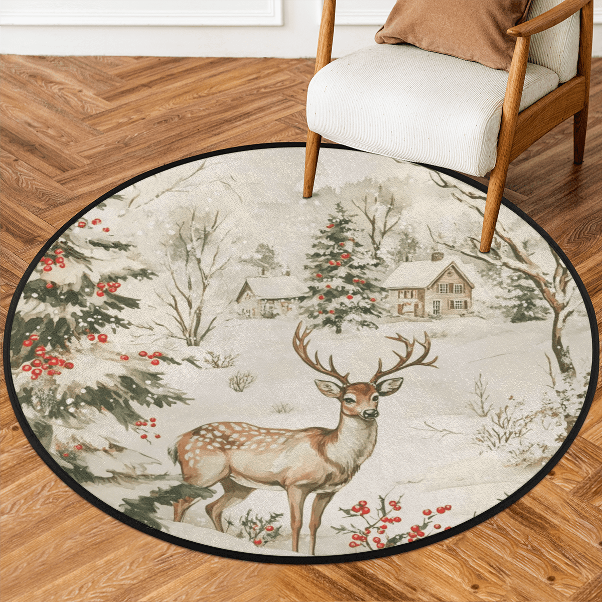 CURLYOOT Round Rug 3ft Retro Deer in the Snow Area Rug, Washable Circle ...