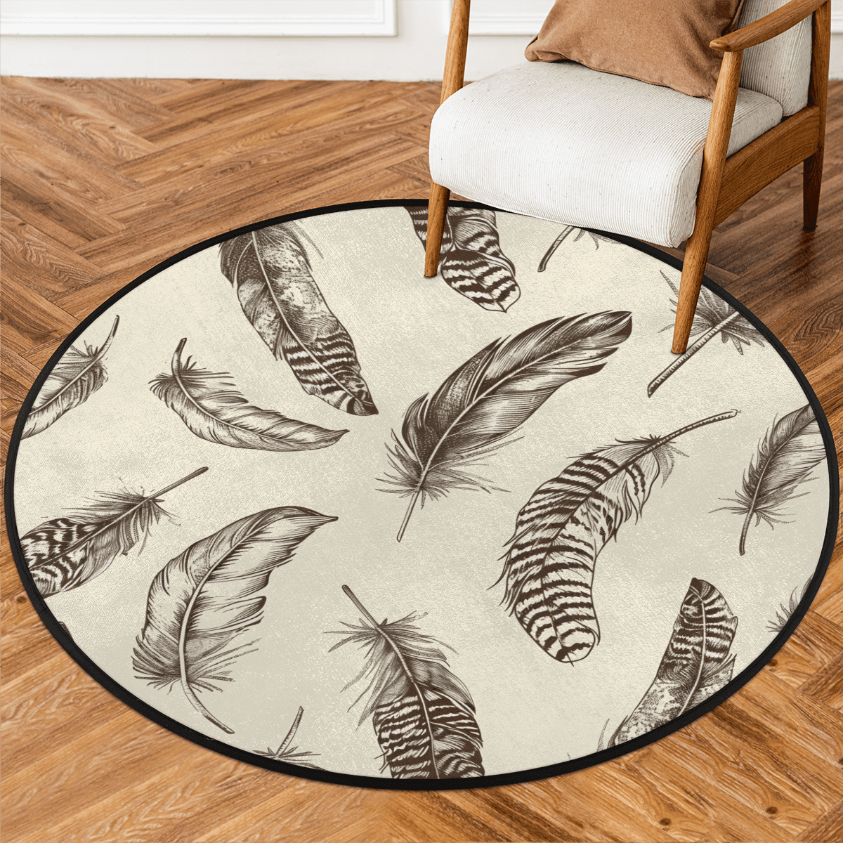 CURLYOOT Round Rug 3ft Retro Feather Area Rug, Washable Circle Mat Non ...