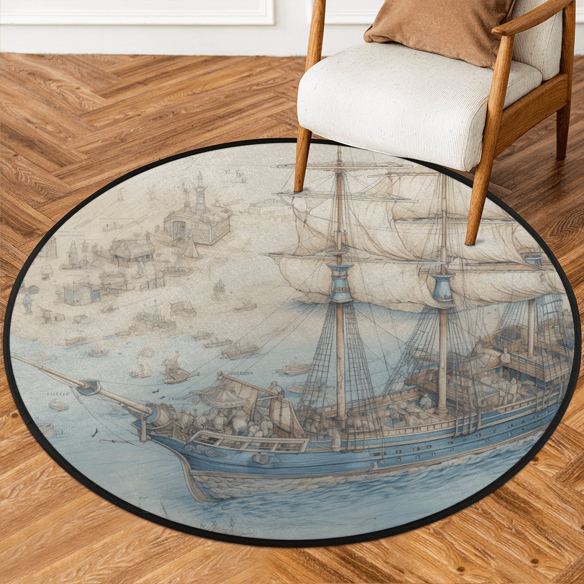 CURLYOOT Round Rug 3ft Sailing Ocean Ship Area Rug, Washable Circle Mat ...