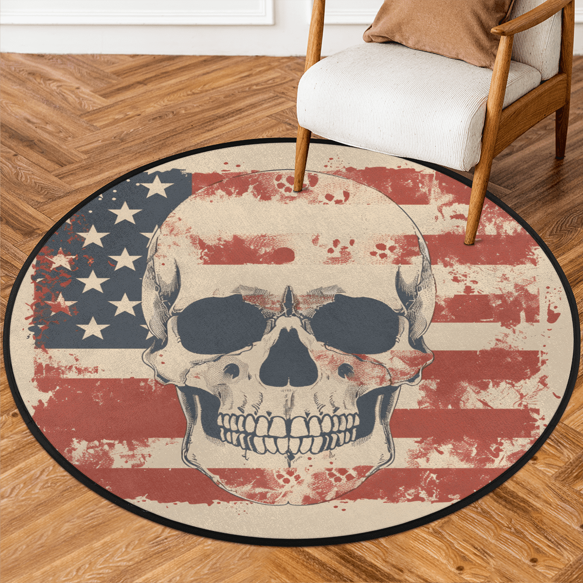 CURLYOOT Round Rug 3ft Skeleton Skull American Flag Area Rug, Washable ...