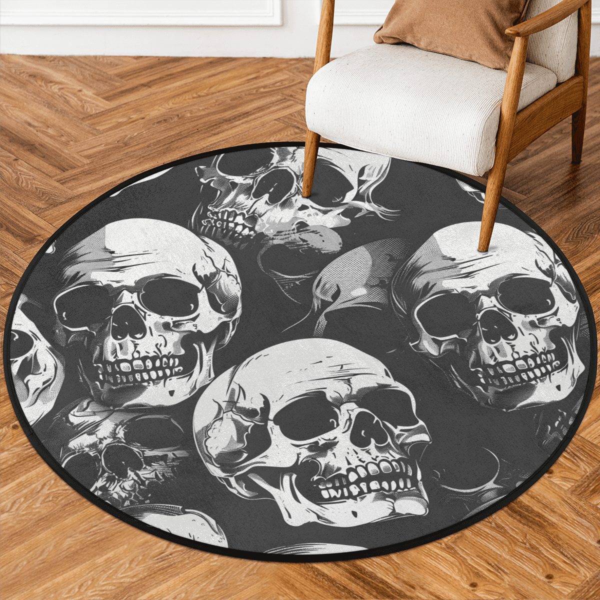 CURLYOOT Round Rug 3ft Skull Gothic Skeleton Area Rug, Washable Circle ...