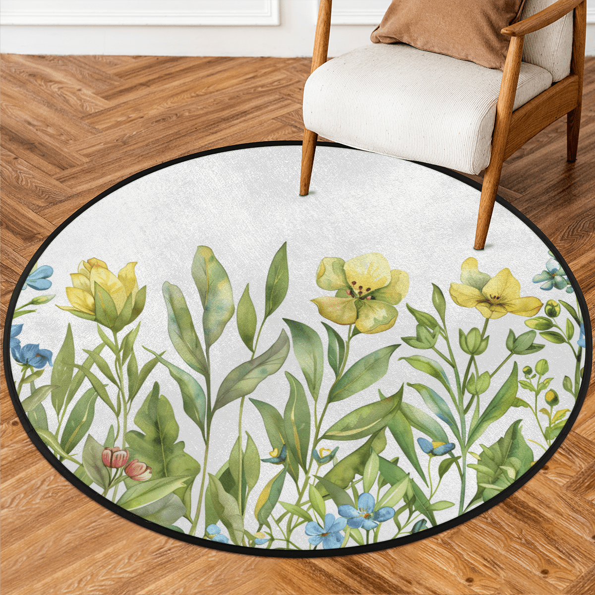 CURLYOOT Round Rug 3ft Spring Floral Area Rug, Washable Circle Mat Non ...