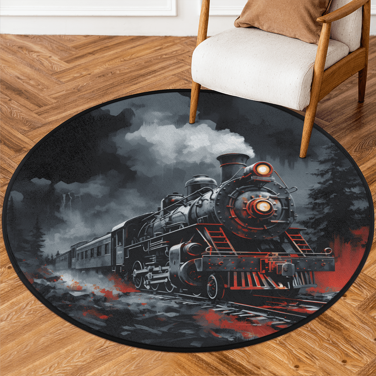 CURLYOOT Round Rug 3ft Steam Engine Old Train Area Rug, Washable Circle ...
