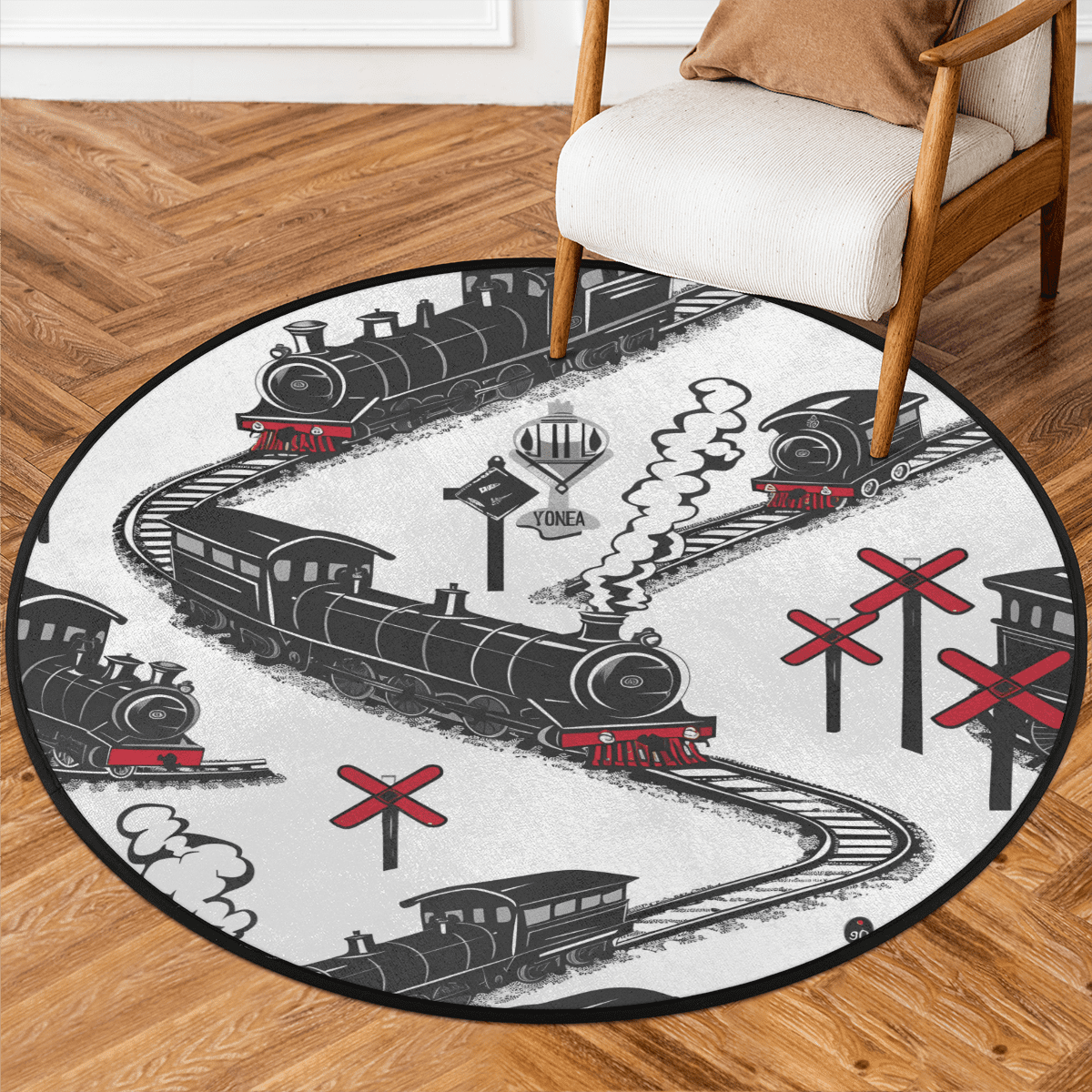 CURLYOOT Round Rug 3ft Steam Train Vintage Area Rug, Washable Circle ...