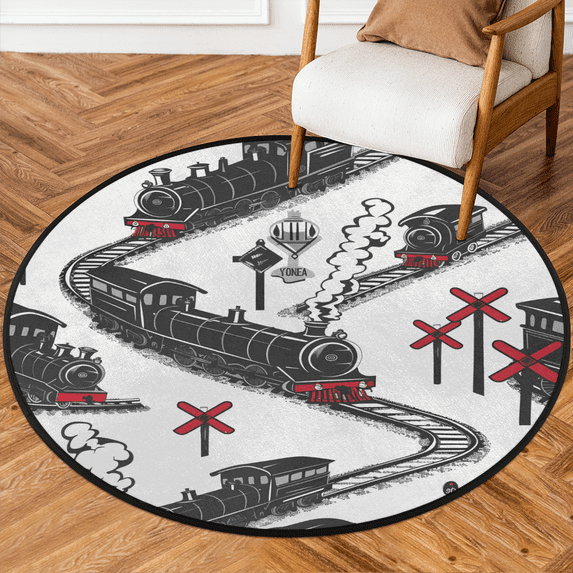 CURLYOOT Round Rug 3ft Steam Train Vintage Area Rug, Washable Circle ...