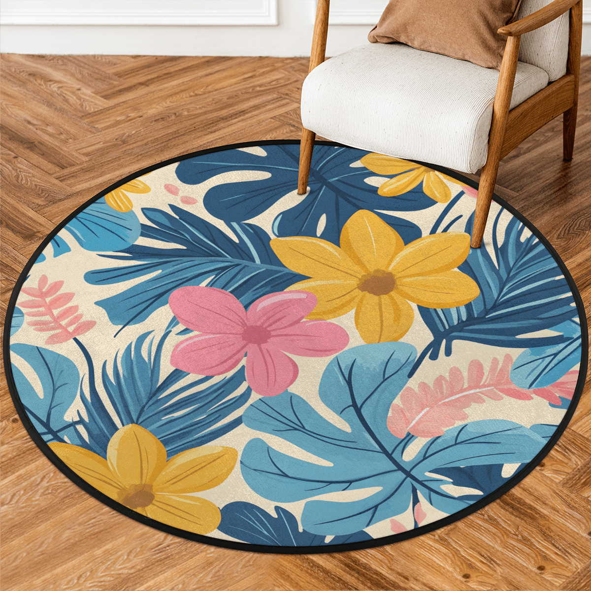 CURLYOOT Round Rug 3ft Tropical Flower Area Rug, Washable Circle Mat ...