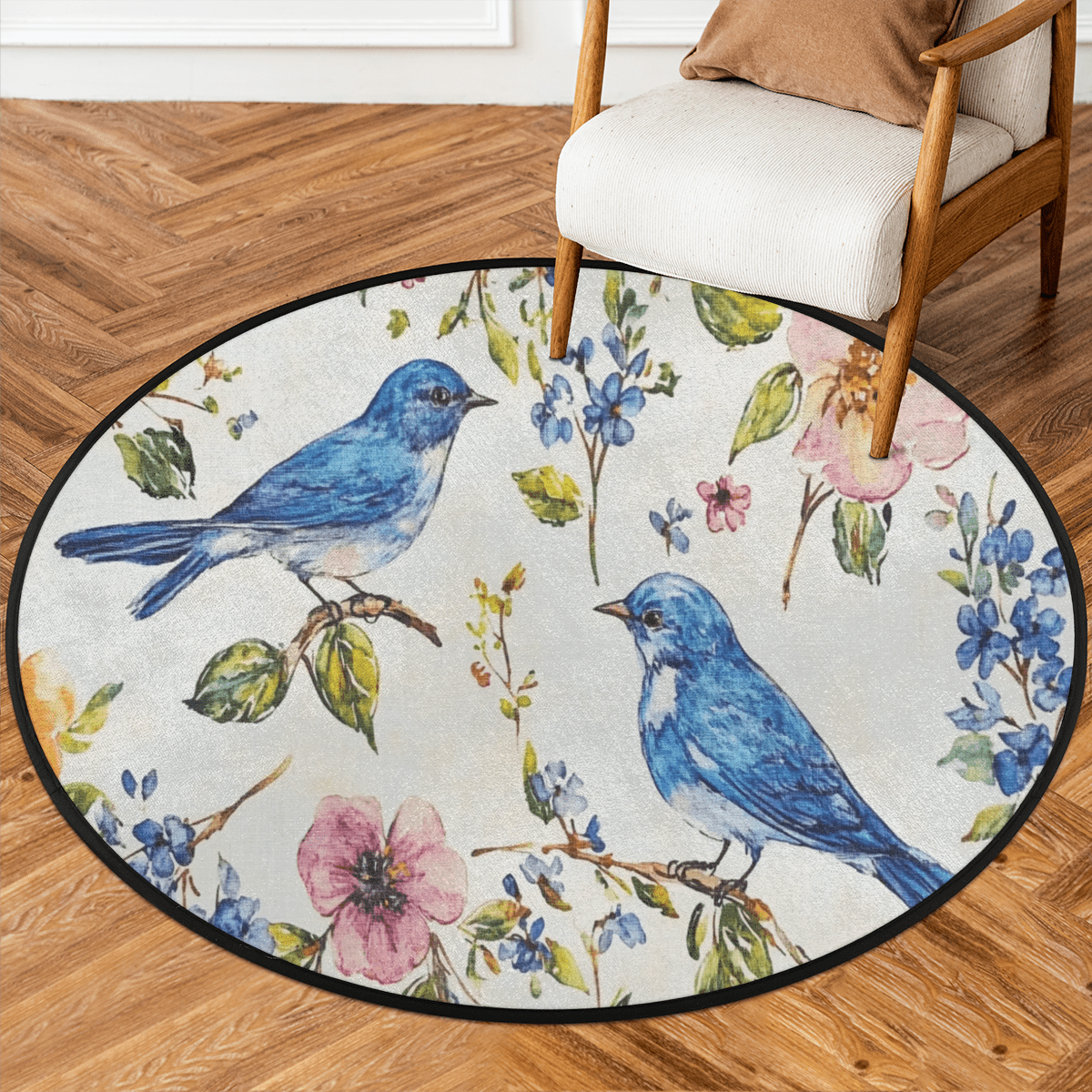 CURLYOOT Round Rug 3ft Vintage Blue Birds and Flower Area Rug, Washable ...