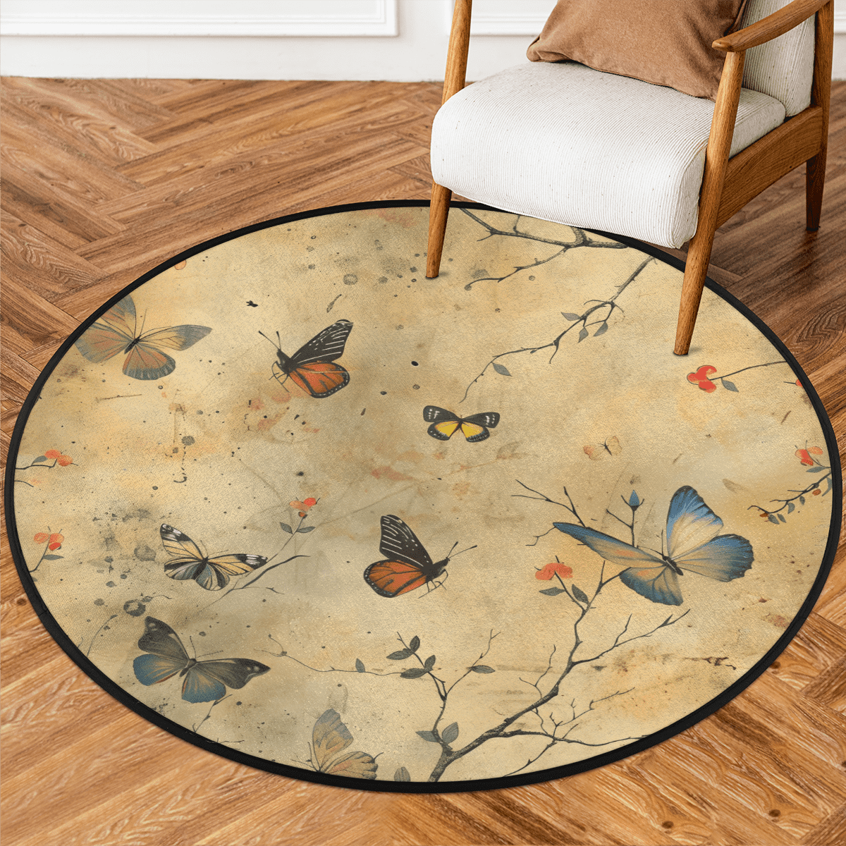 CURLYOOT Round Rug 3ft Vintage Butterfly Area Rug, Washable Circle Mat ...