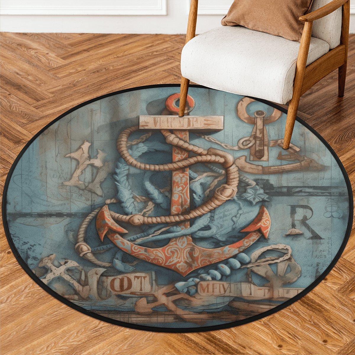 CURLYOOT Round Rug 3ft Vintage Nautical Anchors Area Rug, Washable ...
