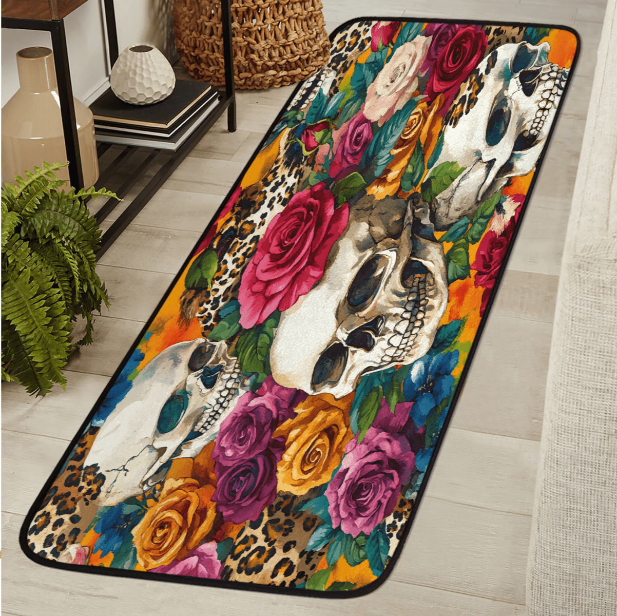 CURLYOOT Skull Flower Runner Rug 2'x6' Washable Kitchen Runner Rug ...