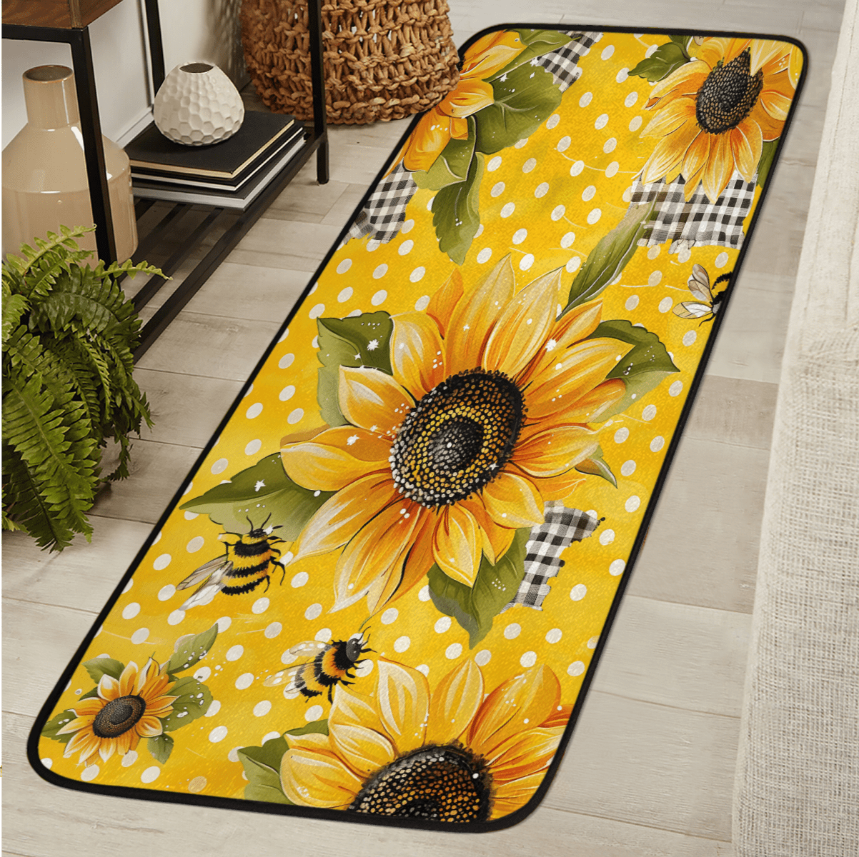 CURLYOOT Sunflower Yellow Bee Cutes Runner Rug 2'x6' Washable Kitchen ...