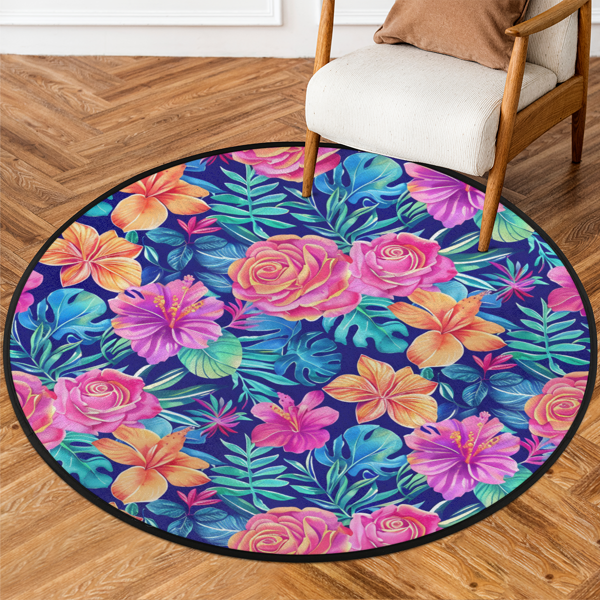 CURLYOOT Tropical 5.2ft Round Rug for Living Room, Large Washable Area ...