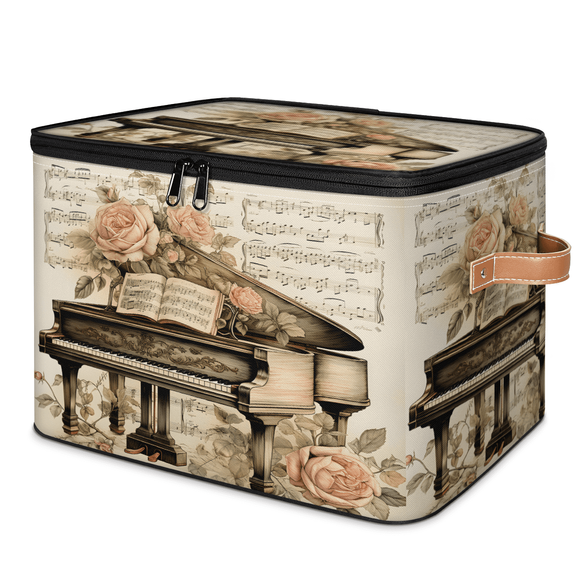 CURLYOOT Vintage Piano Musical Note Storage Bin with Zipper Lid, Fabric ...