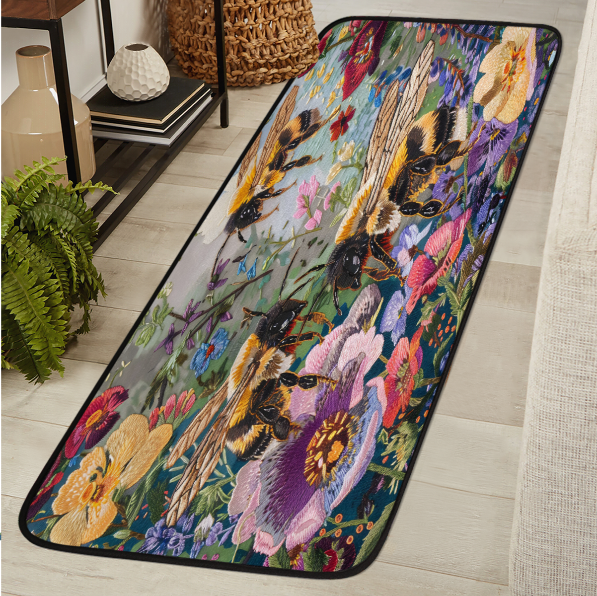CURLYOOT Wild Bee With Flower Runner Rug 2'x6' Washable Kitchen Runner ...