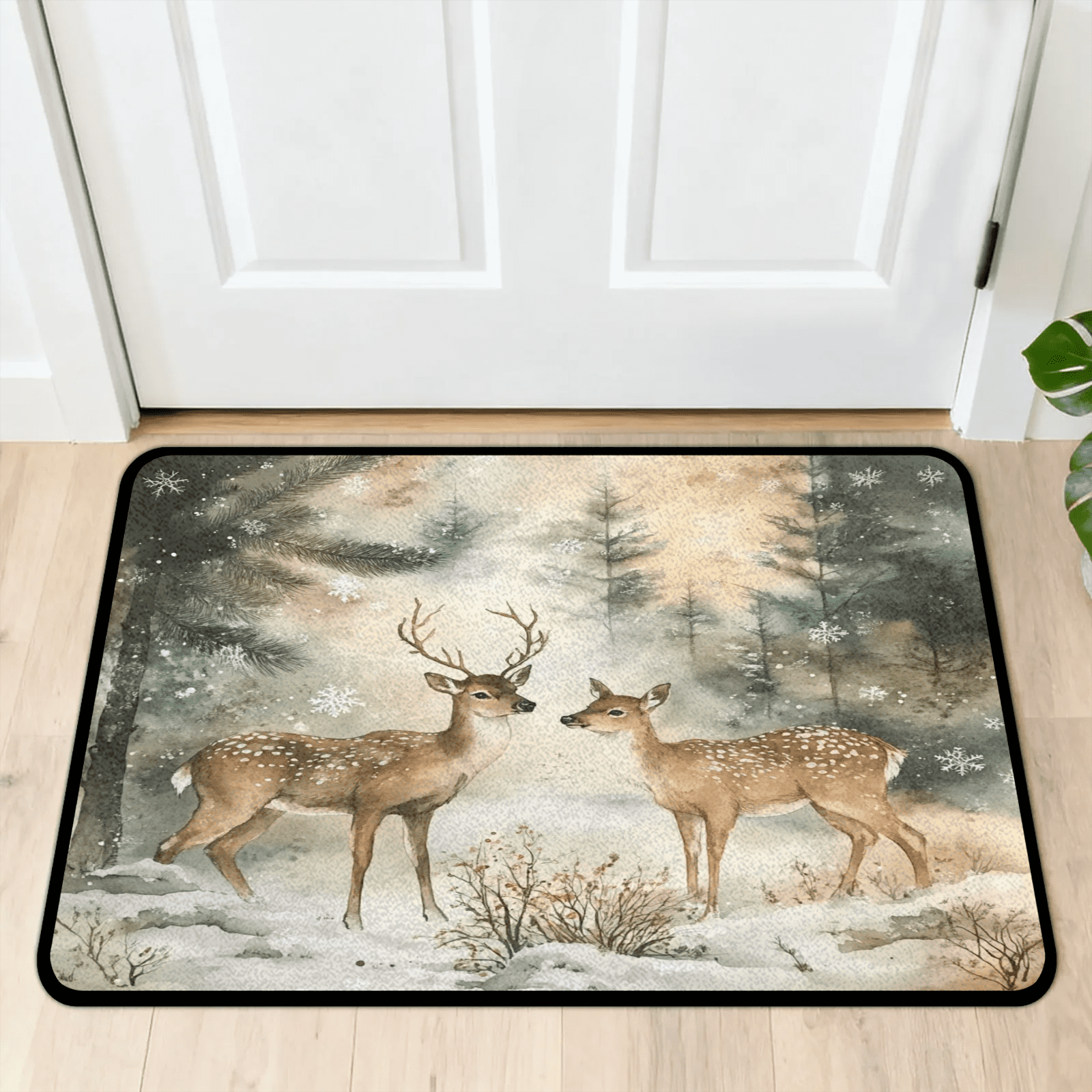 CURLYOOT Winter Wildlife Deer Forest Front Door Mat, Washable Non-Slip ...