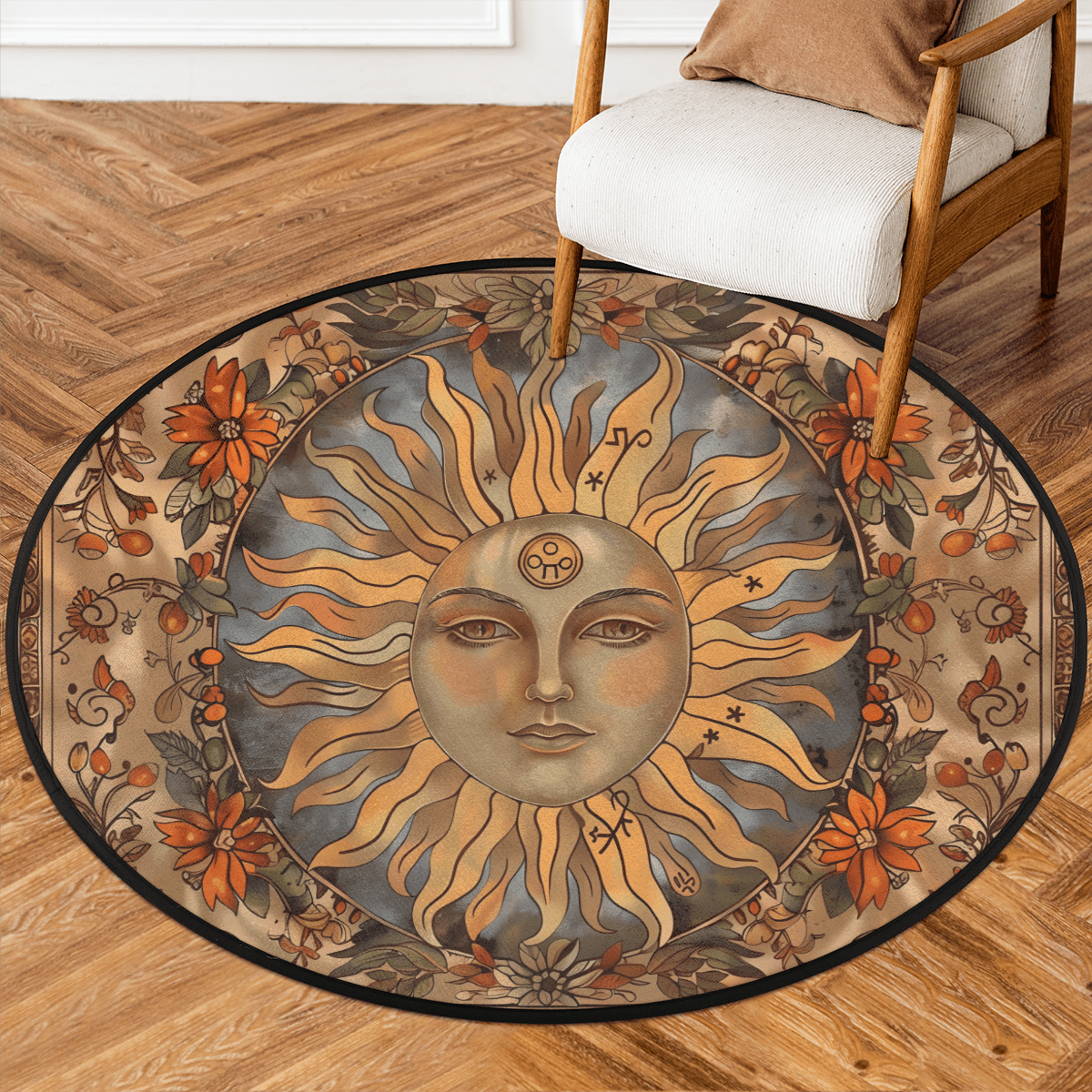 CURLYOOT Yellow Sun And Moon Boho 5.2ft Round Rug for Living Room ...