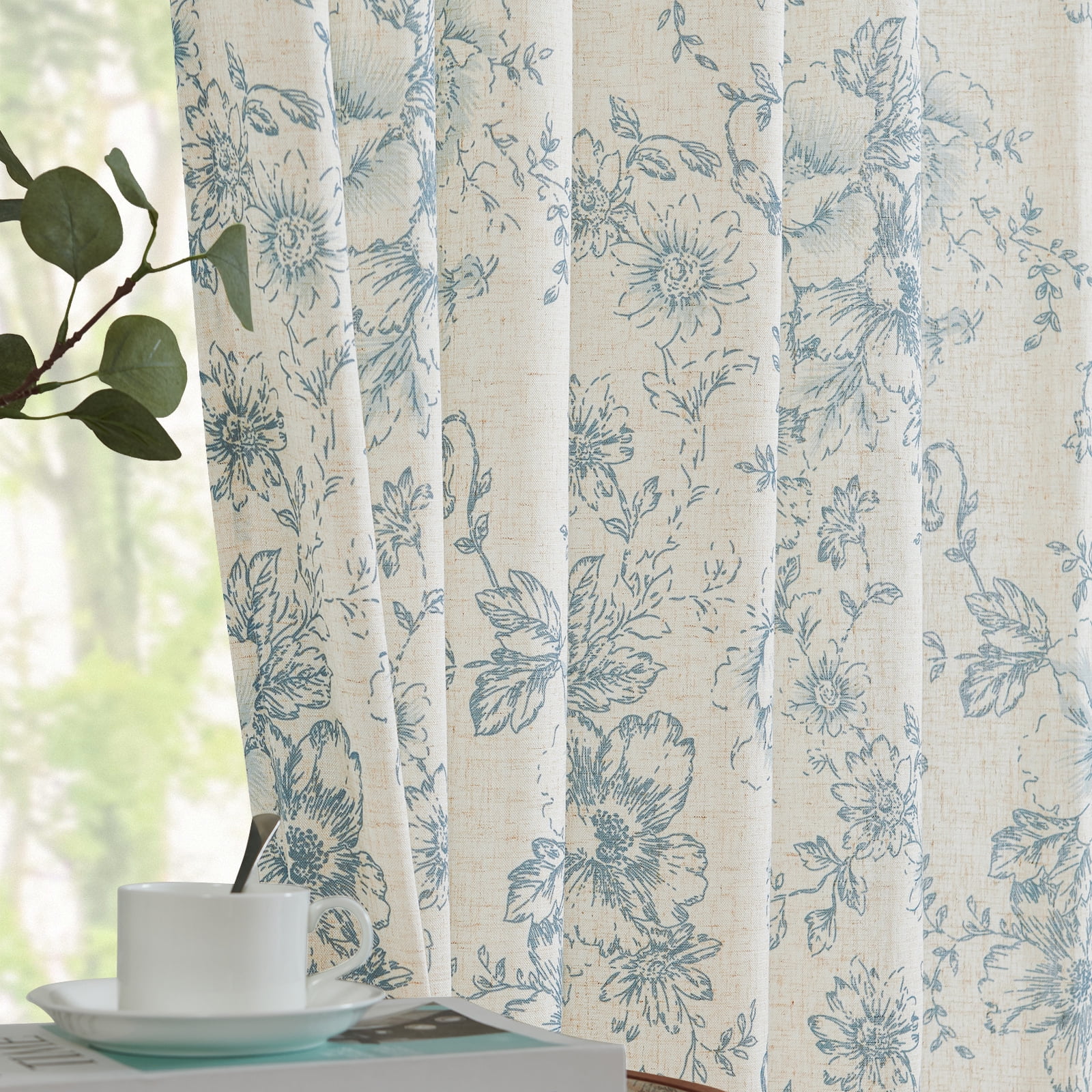 CURTAINKING Linen Curtains Floral Curtains for Living Room 84 Inch ...