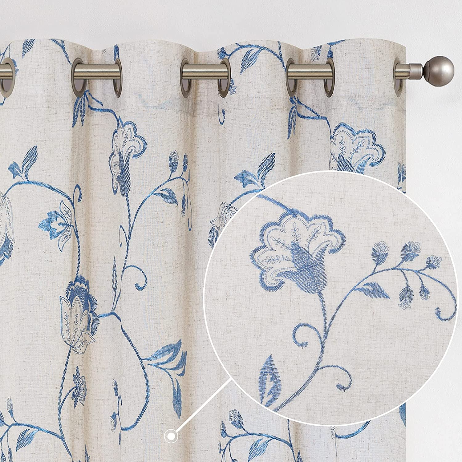 CURTAINKING 84in Blue Linen Curtains, Floral Embroidery, Light ...